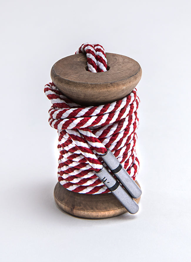 Crimson & White Striped Dress Shoelaces w/ Silver Aglets – Whiskers Laces